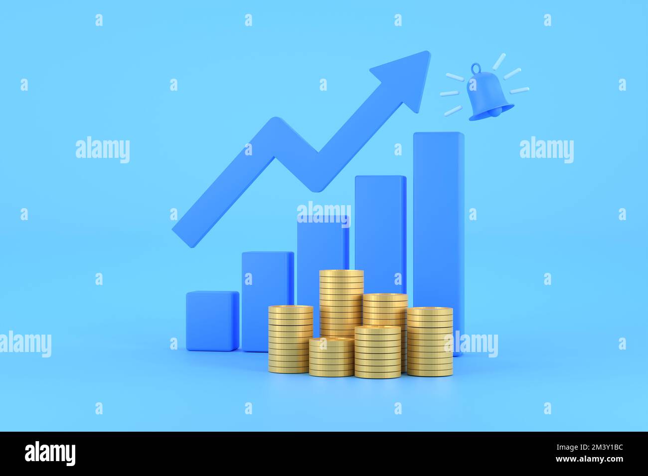 3D. Blue rising arrow and profit bar graph with multiple arrangements ...