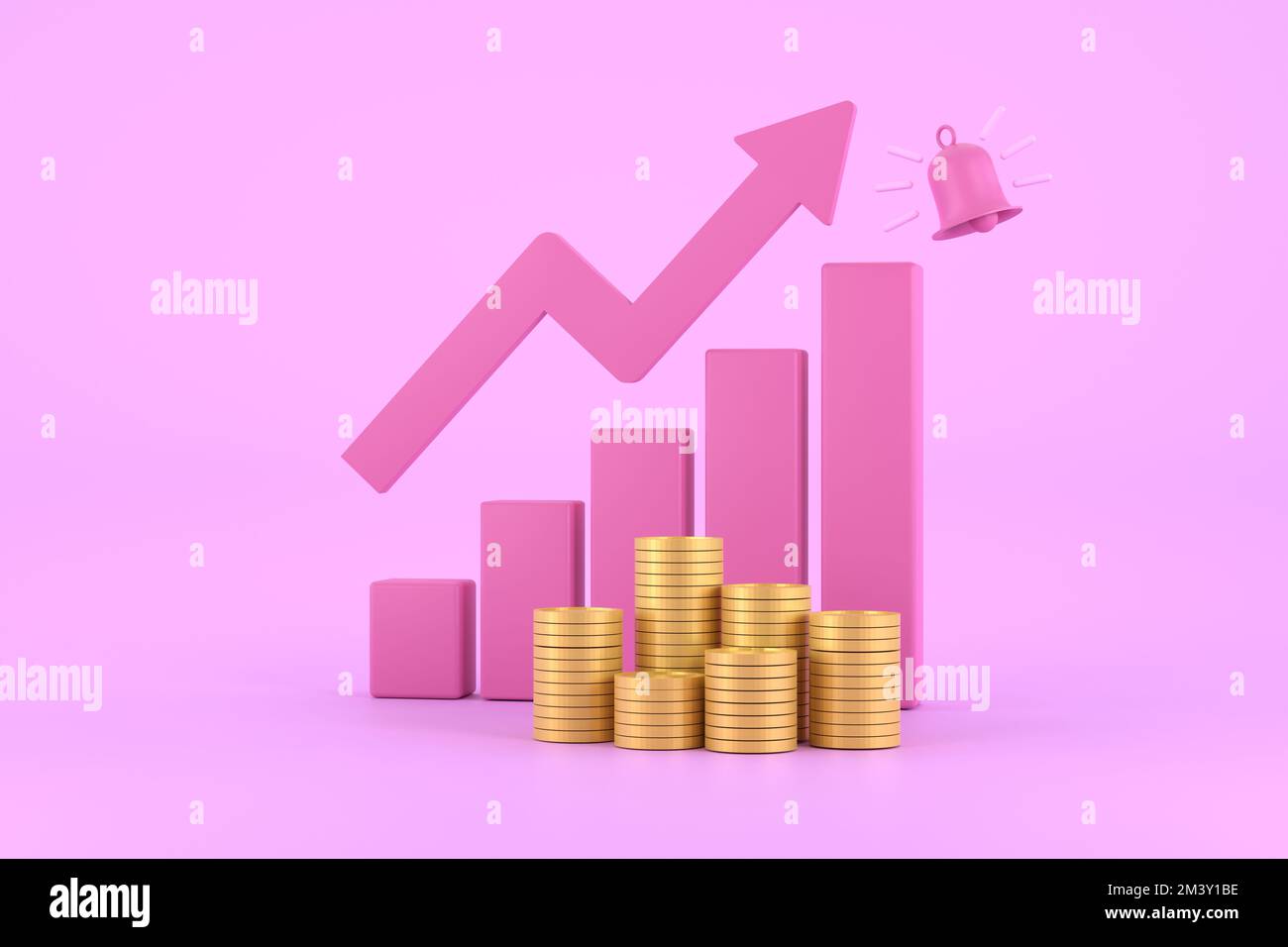 3D. pink rising arrow and profit bar graph with multiple arrangements ...