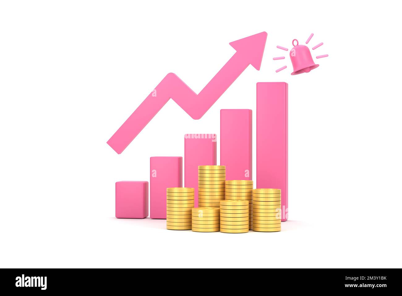3D. pink rising arrow and profit bar graph with multiple arrangements ...
