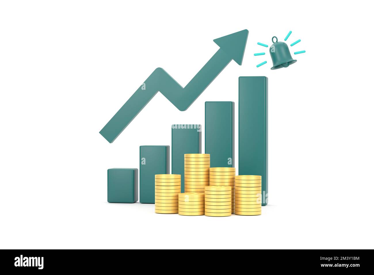3D. Green rising arrow and profit bar graph with multiple arrangements ...