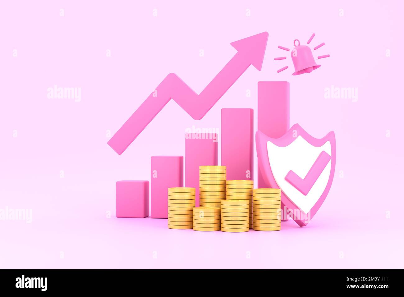 3D. Pink rising arrow, profit bar graph and shield with multiple ...