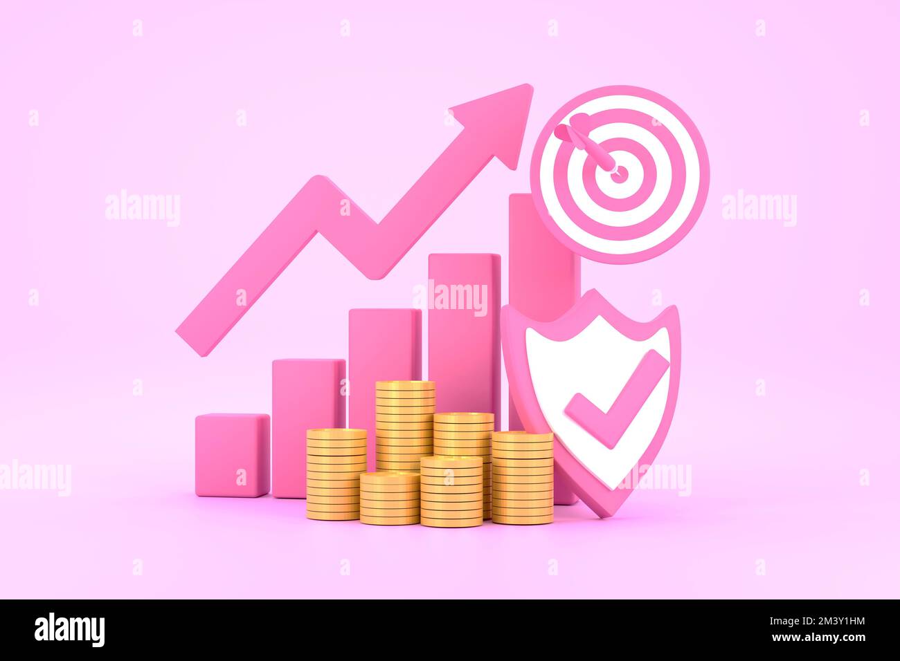 3D. Pink rising arrow, profit bar graph and shield with multiple ...