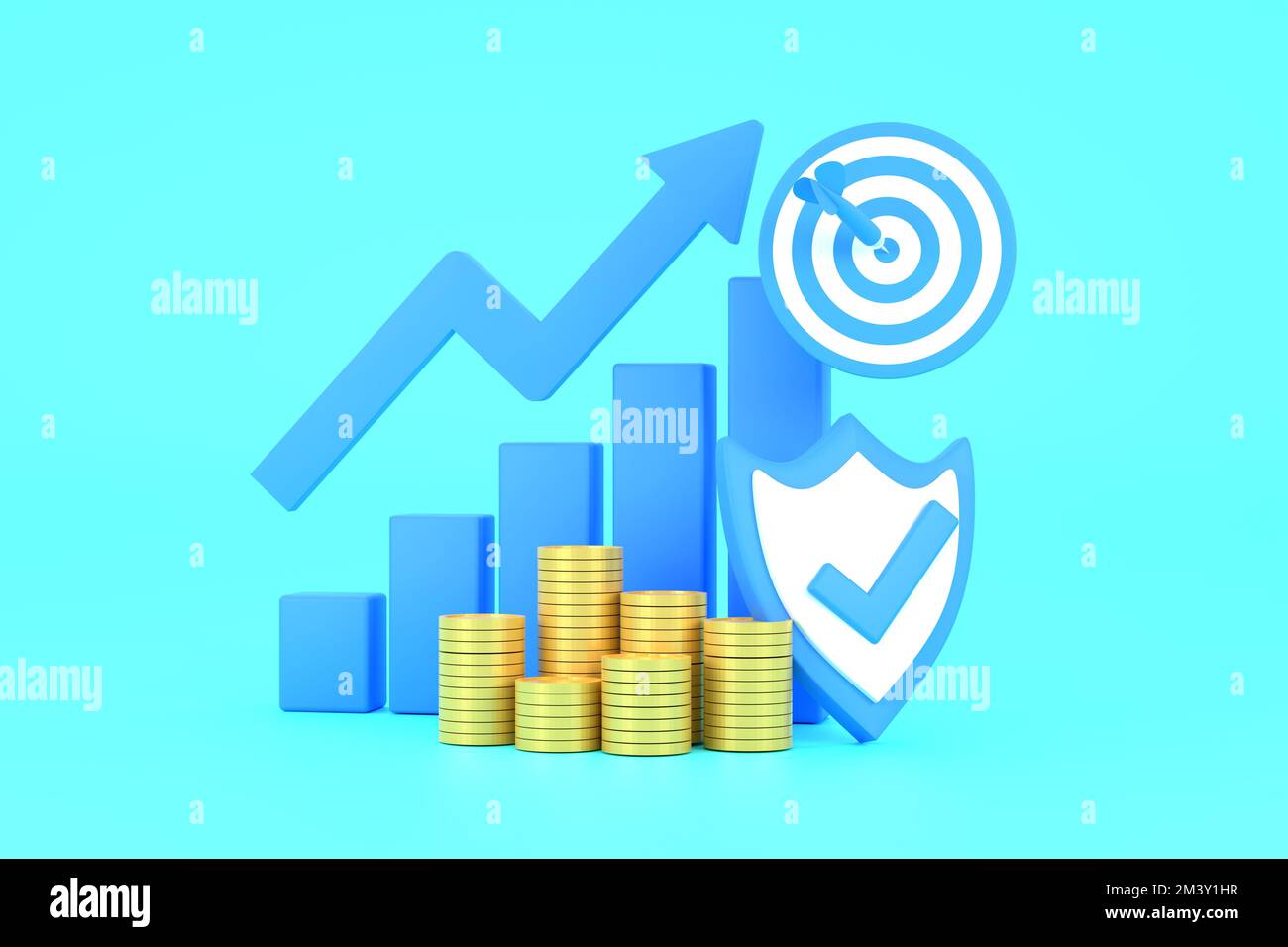 3D. Blue rising arrow, profit bar graph and shield with multiple ...