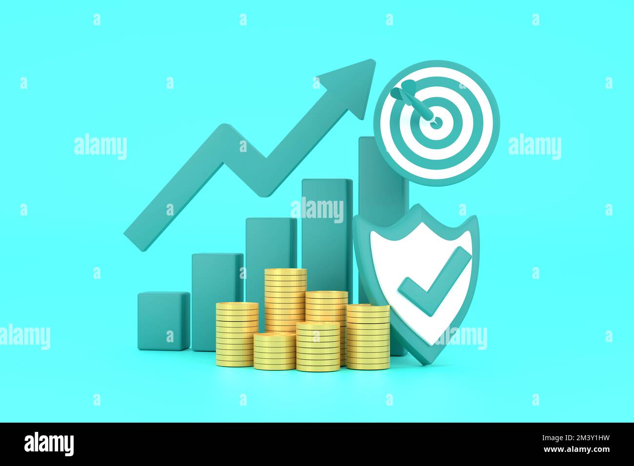3D. Green rising arrow, profit bar graph and shield with multiple ...