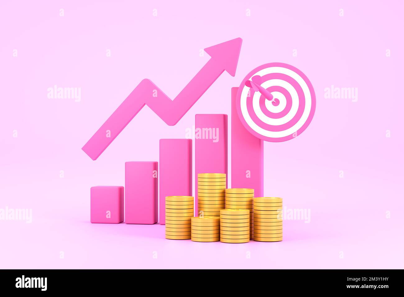 3D. Pink rising arrow, profit bar graph and shield with multiple ...