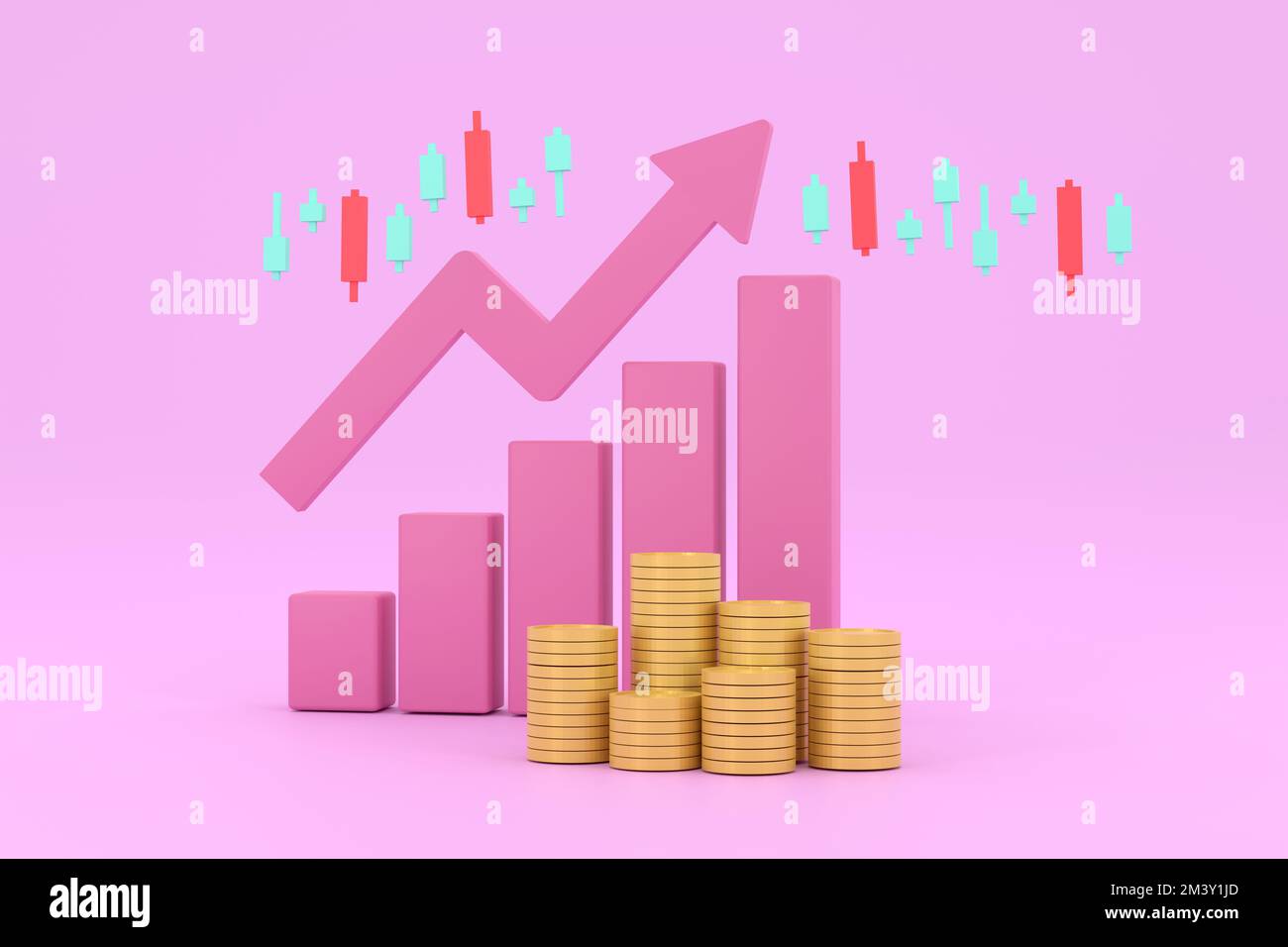 3D. Pink rising arrow, profit bar graph and shield with multiple ...
