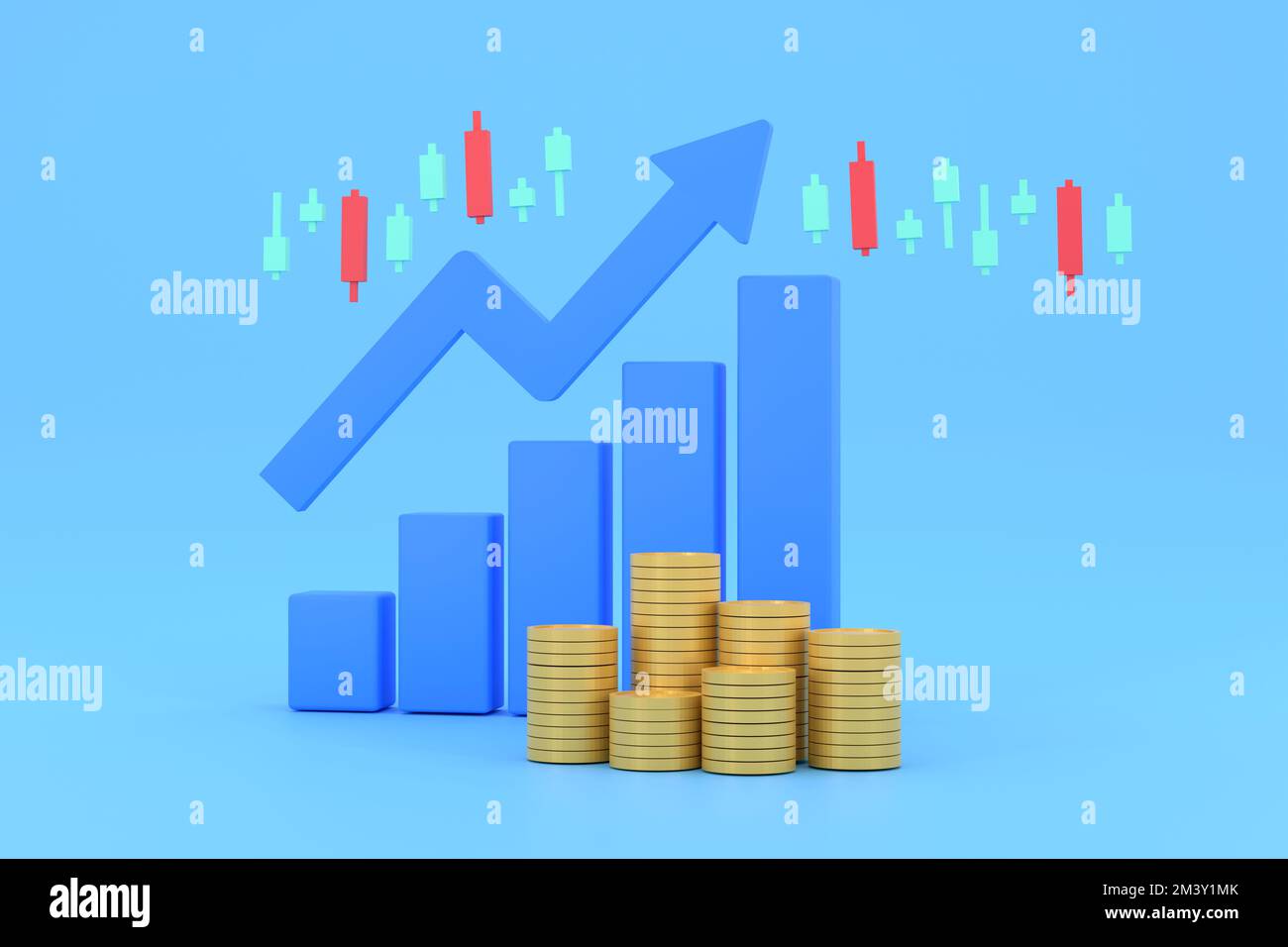 3D. Blue rising arrow, profit bar graph and shield with multiple ...