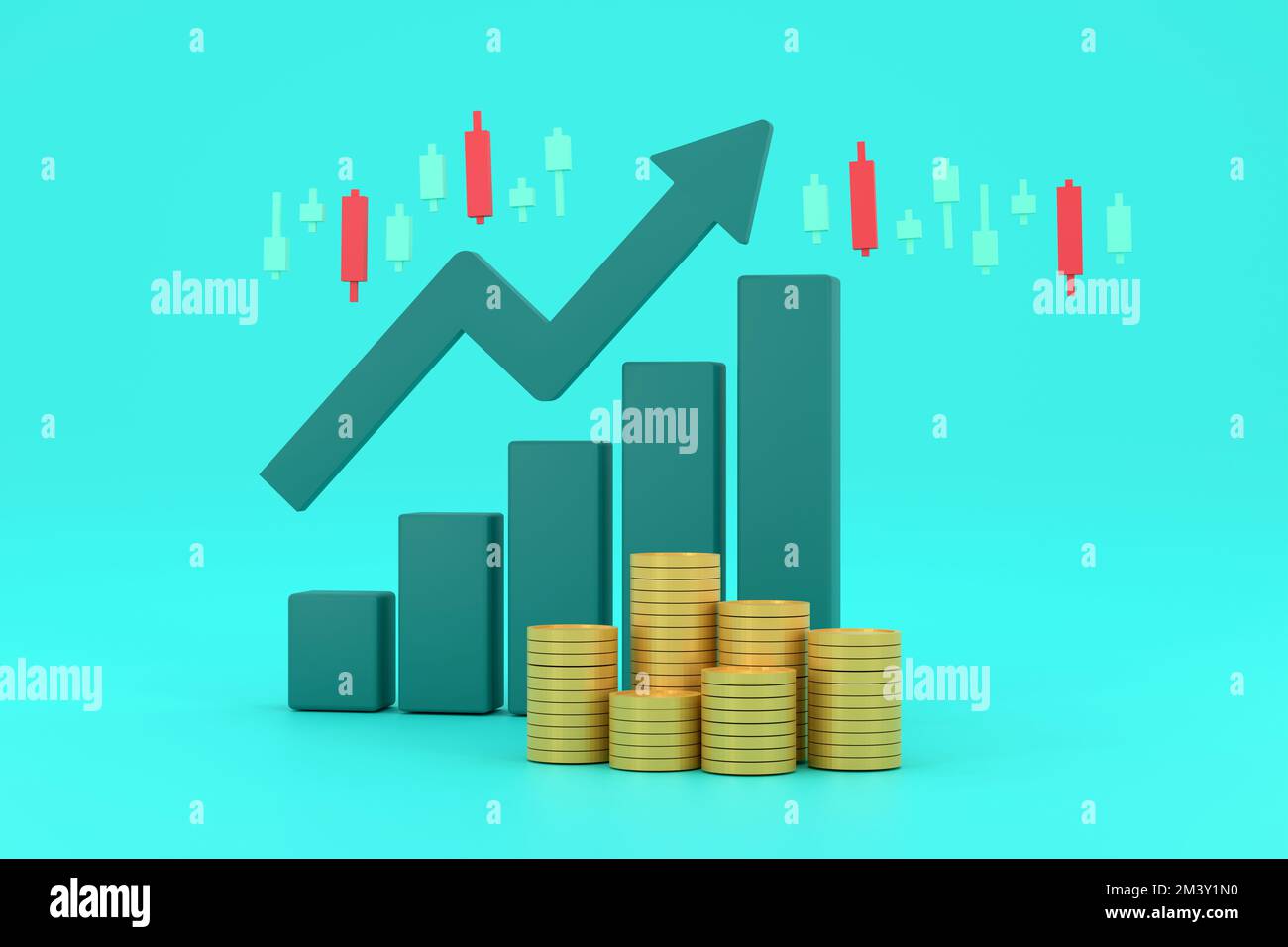 3D. Green rising arrow, profit bar graph and shield with multiple ...