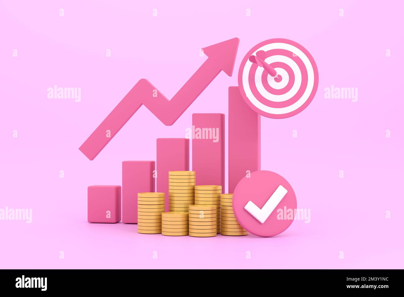 3D. Pink rising arrow, profit bar graph and shield with multiple ...