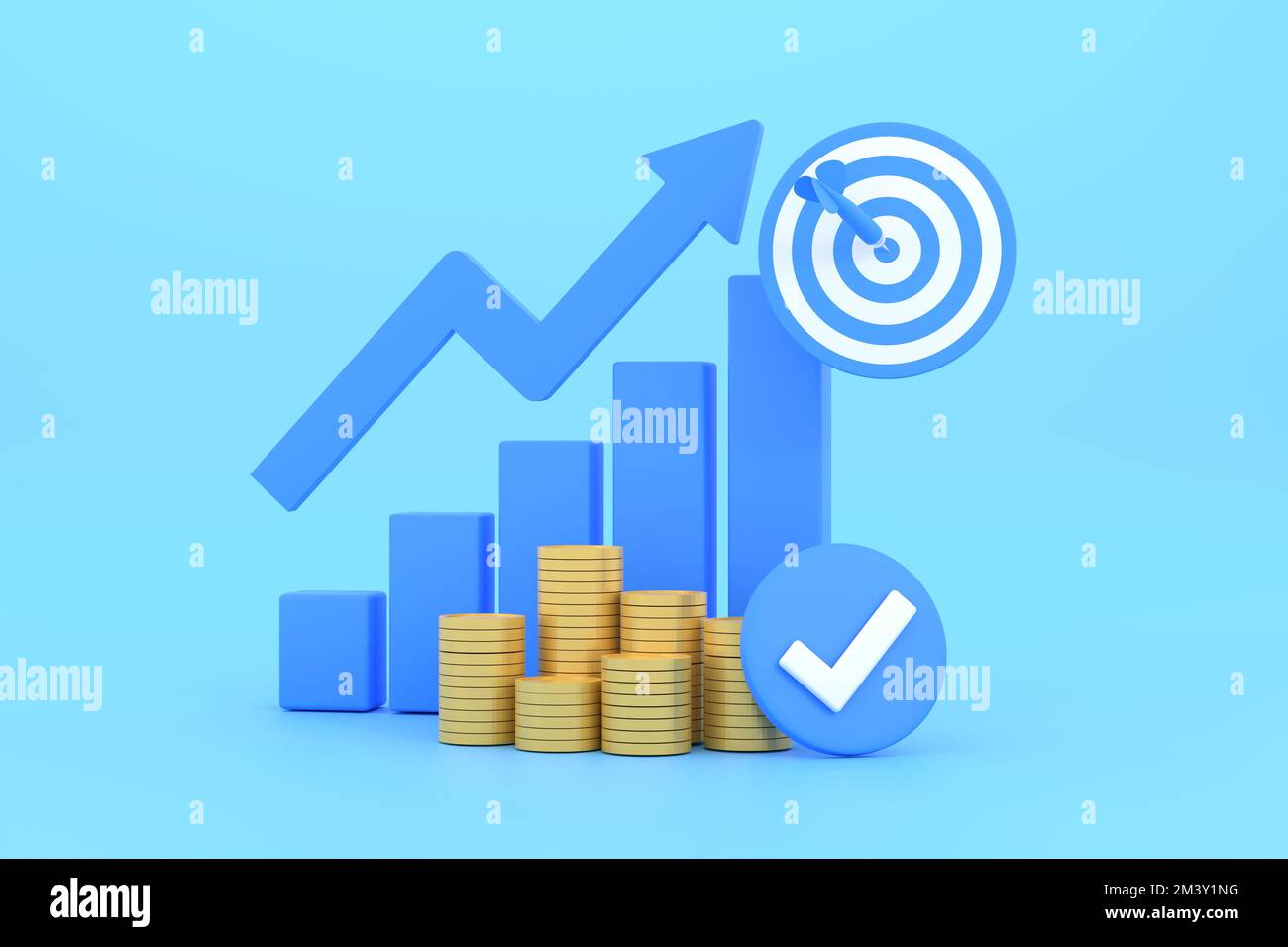 3D. Blue rising arrow, profit bar graph and shield with multiple ...