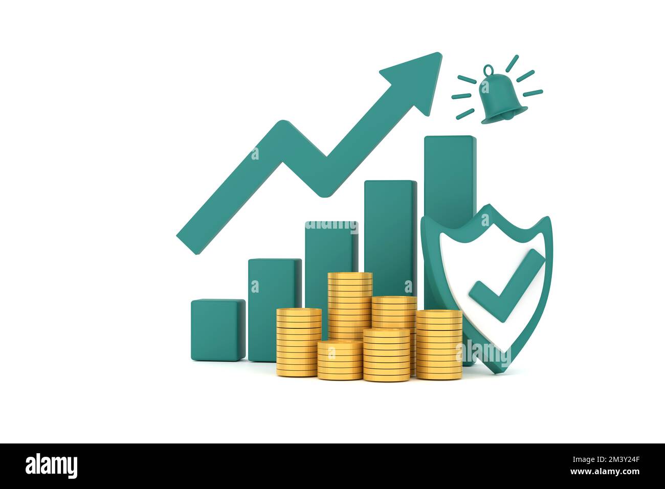 3D. Green rising arrow, profit bar graph and shield with multiple ...