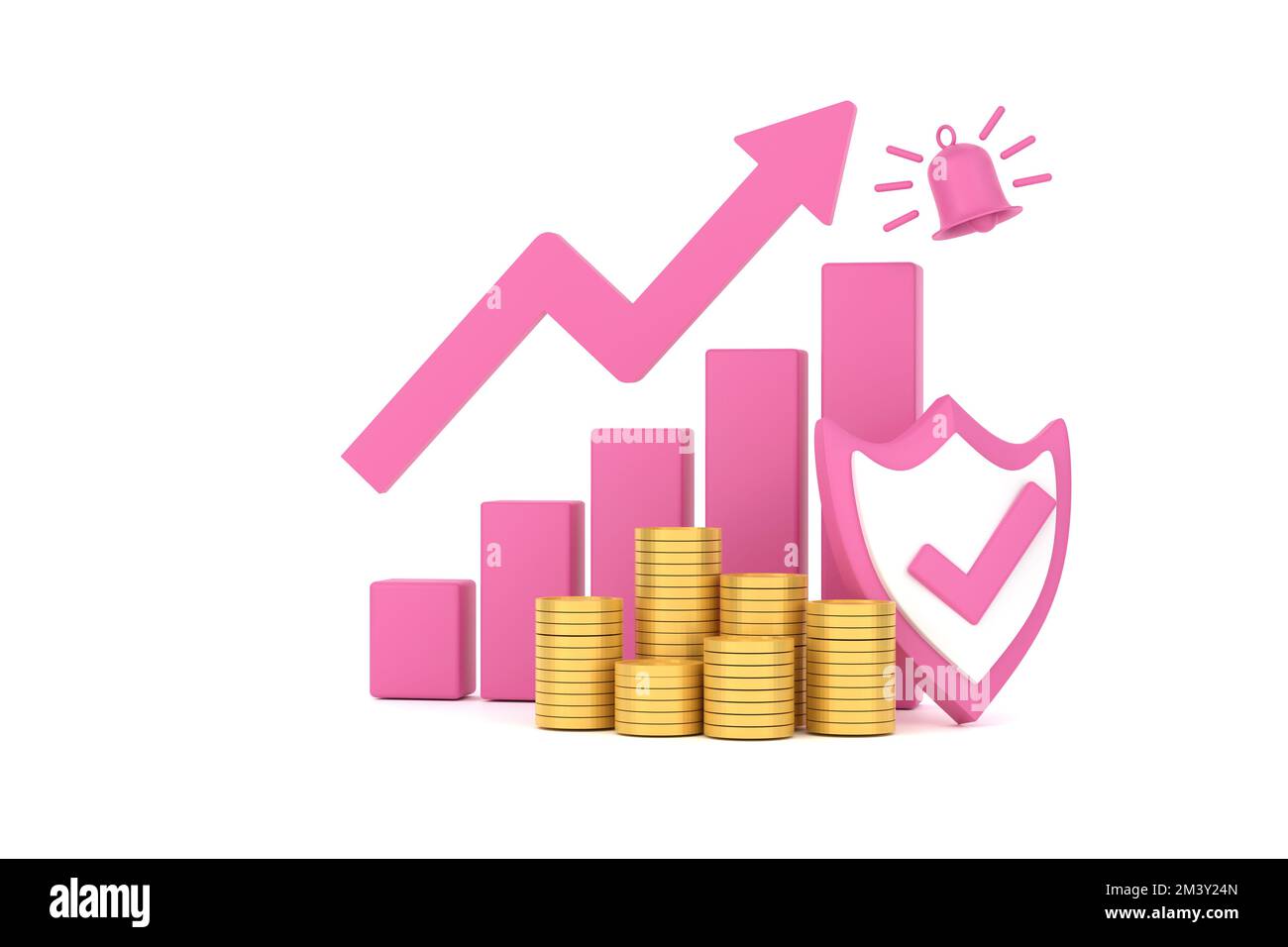 3D. Pink rising arrow, profit bar graph and shield with multiple ...