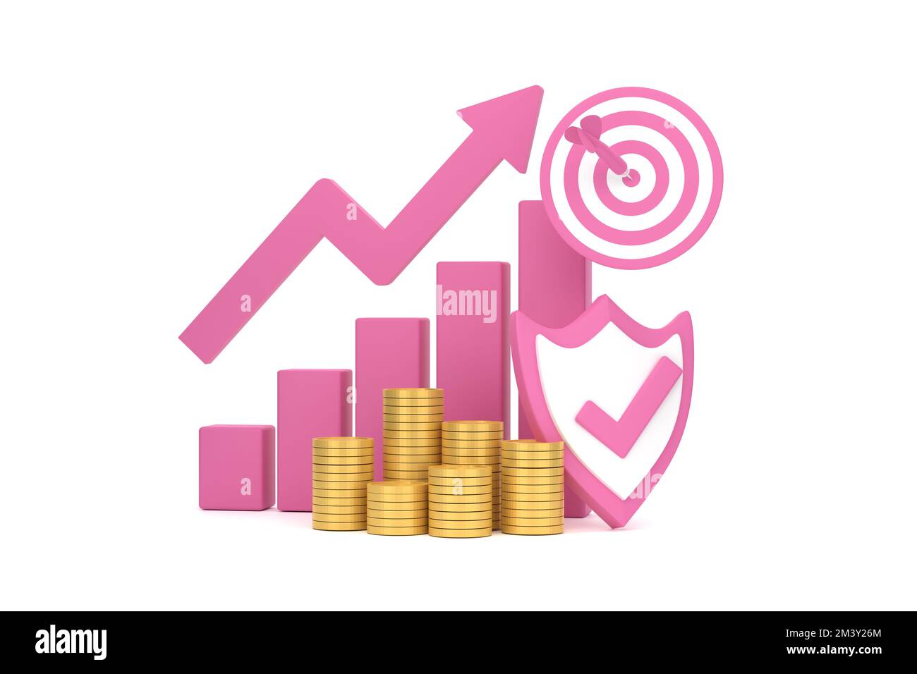3D. Pink rising arrow, profit bar graph and shield with multiple ...