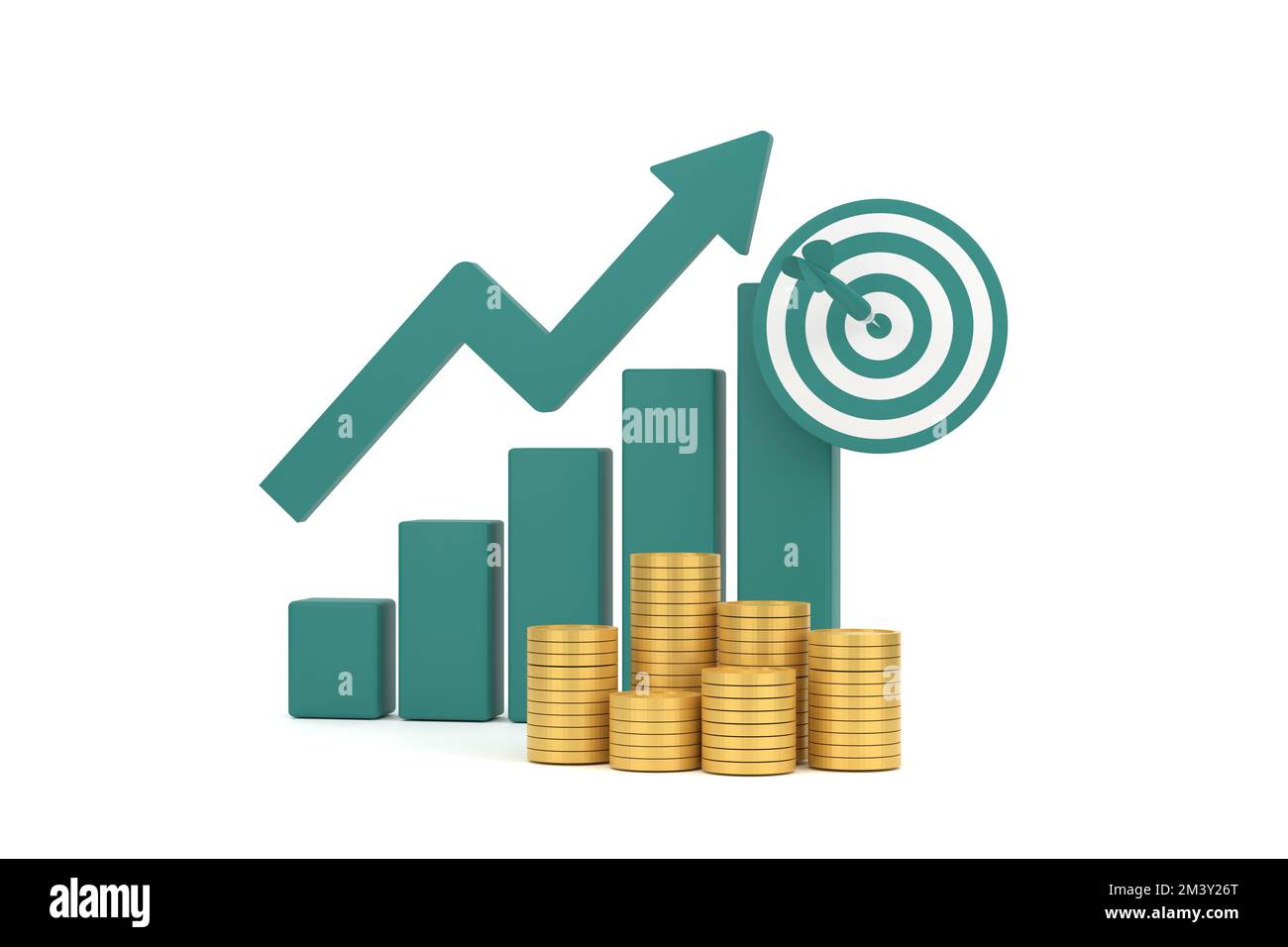 3D. Green rising arrow, profit bar graph and shield with multiple ...