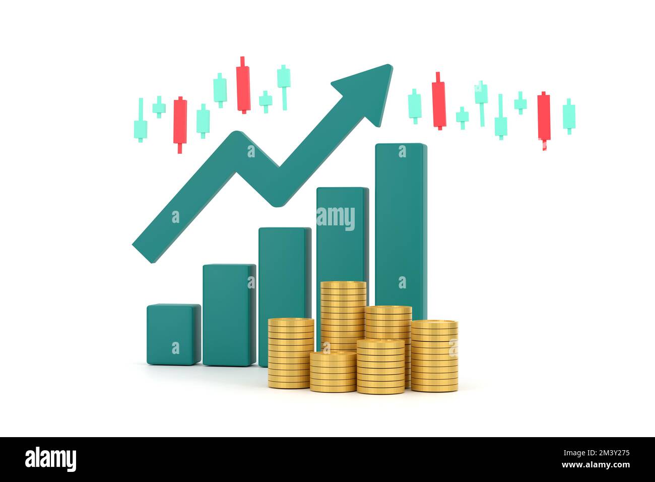 3D. Green rising arrow, profit bar graph and shield with multiple ...