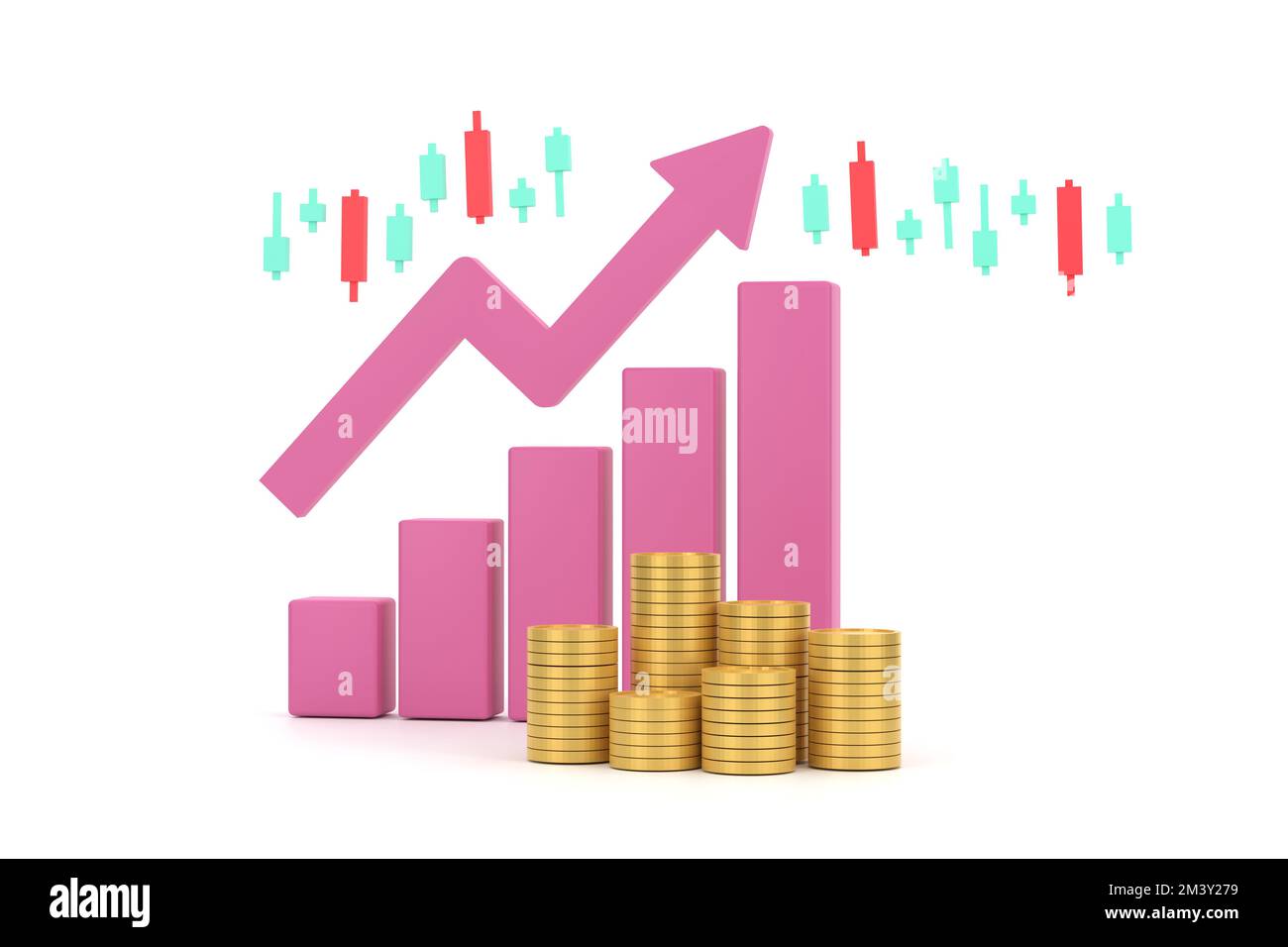 3D. Pink rising arrow, profit bar graph and shield with multiple ...