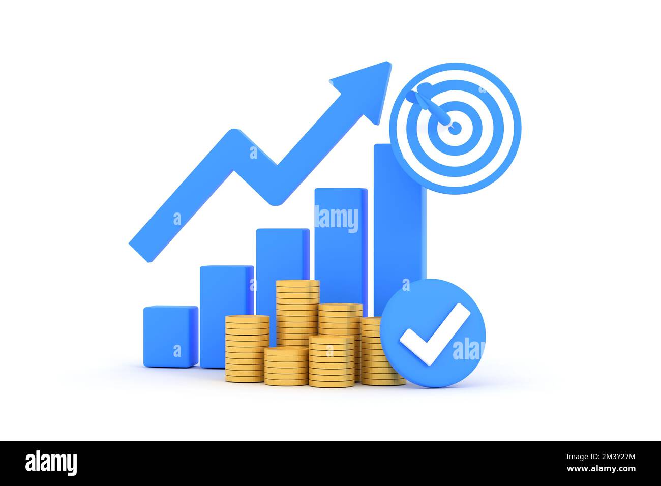 3D. Blue rising arrow, profit bar graph and shield with multiple ...