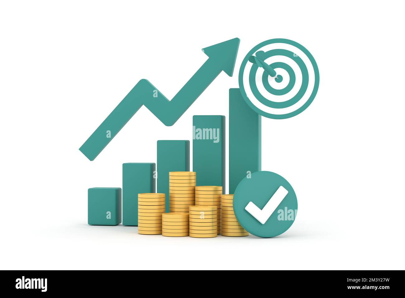 3D. Green rising arrow, profit bar graph and shield with multiple ...
