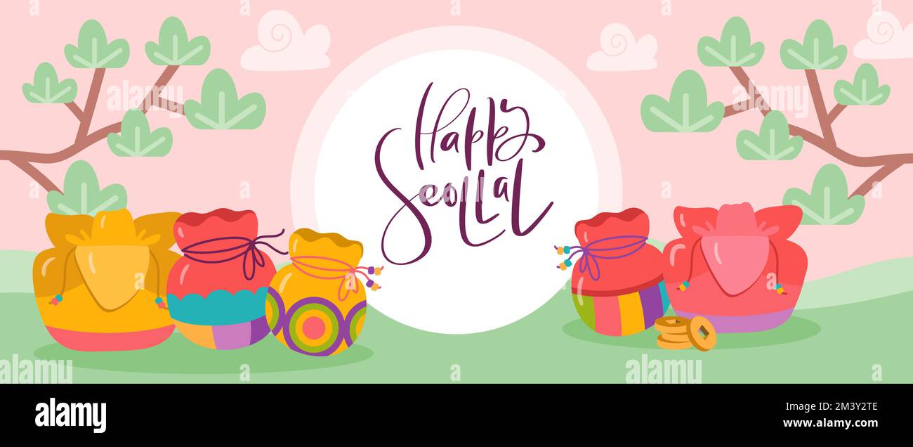 Traditional Korean Color greeting card of New Year Lucky Bags and text ...