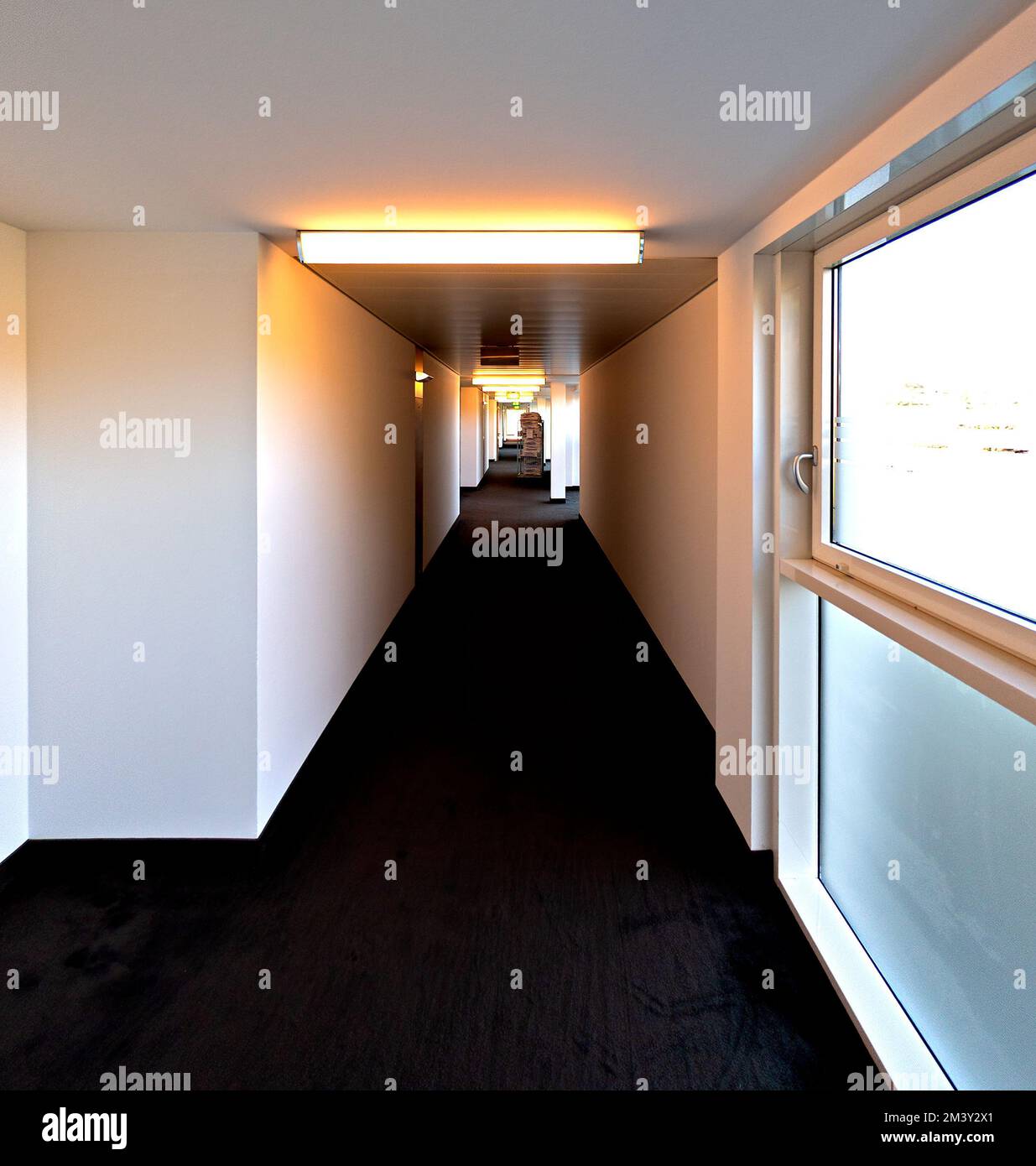 view through a long corridor with white walls and black floor at a ...