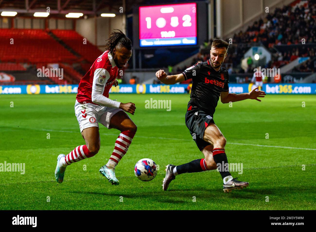 Bristol City's Antoine Semenyo and Stoke City's Morgan Fox in action ...