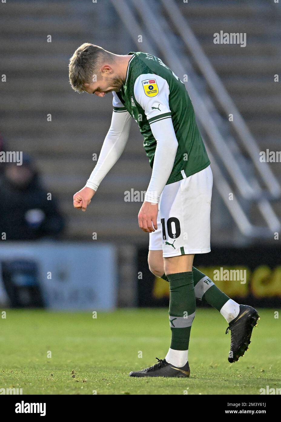 Plymouth Argyle midfielder Danny Mayor (10) looks dejected after misses ...