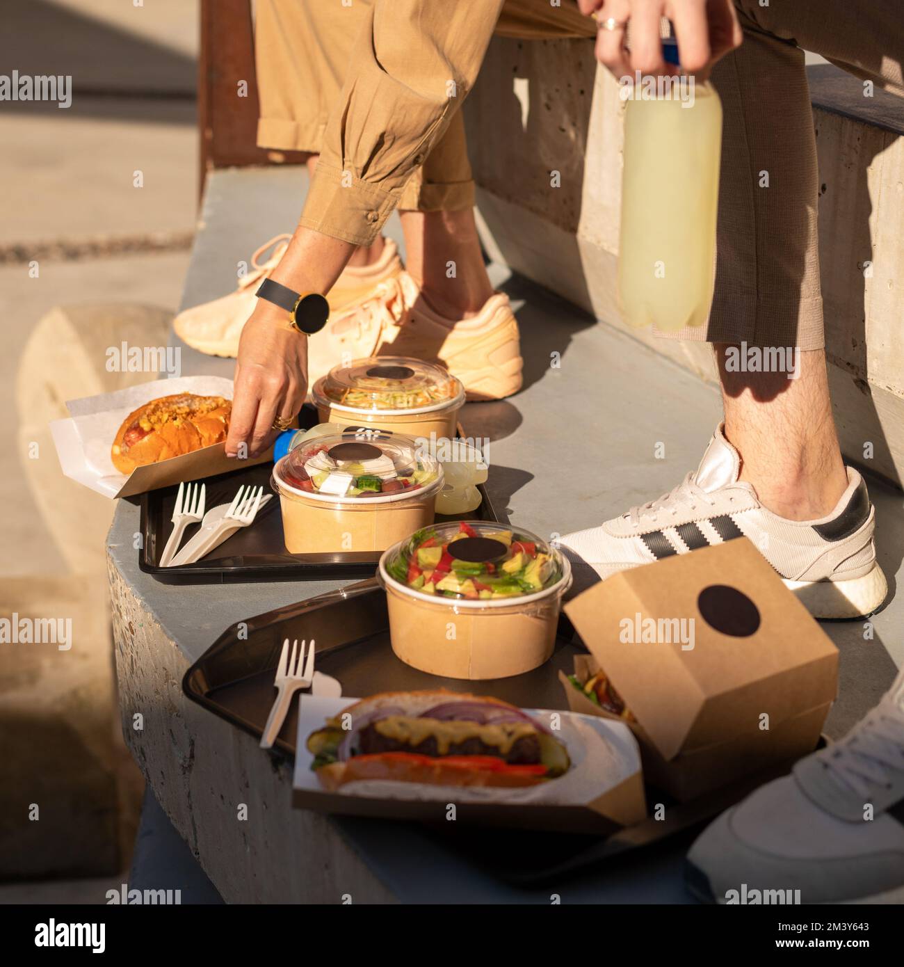 American fast food specialties. lunch on a tray, burger with meat, hot ...