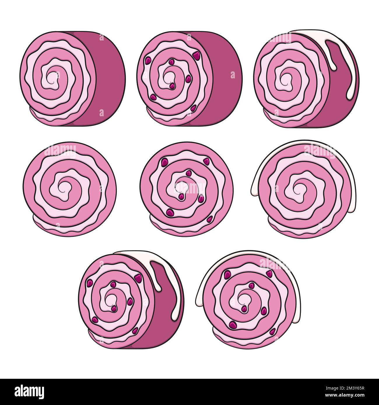 Set of color illustration with pink berry cake roll. Isolated vector ...