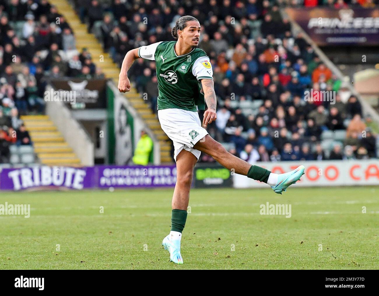 Plymouth Argyle defender Nigel Lonwijk (21) takes a shoot and misses ...