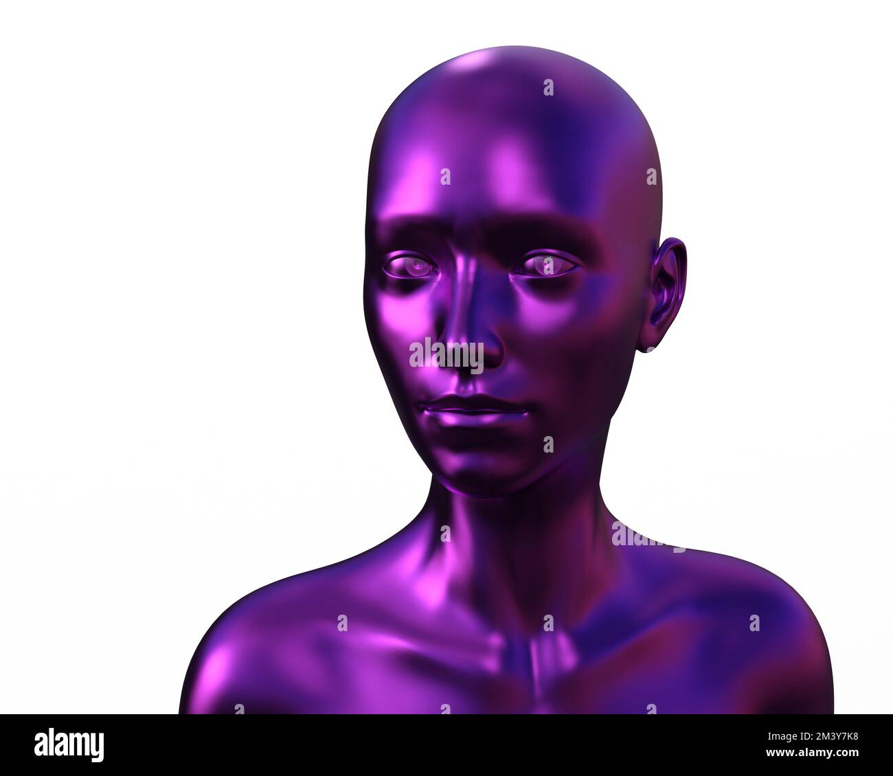 3d illustration. Portrait of a violet bald woman on a white background ...