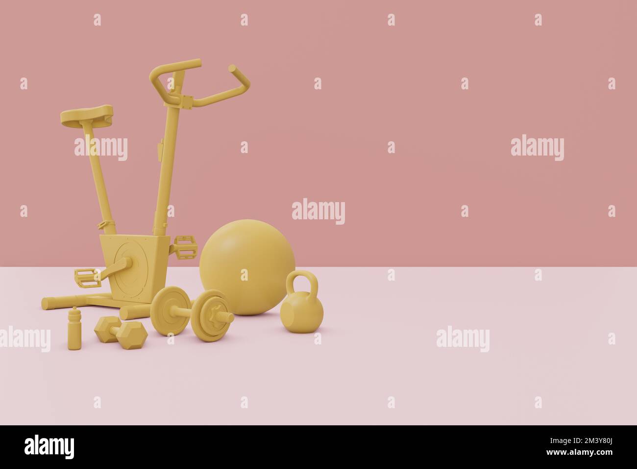 Fitness Scene with dumbbells in yellow and pink pastel colours, 3D ...