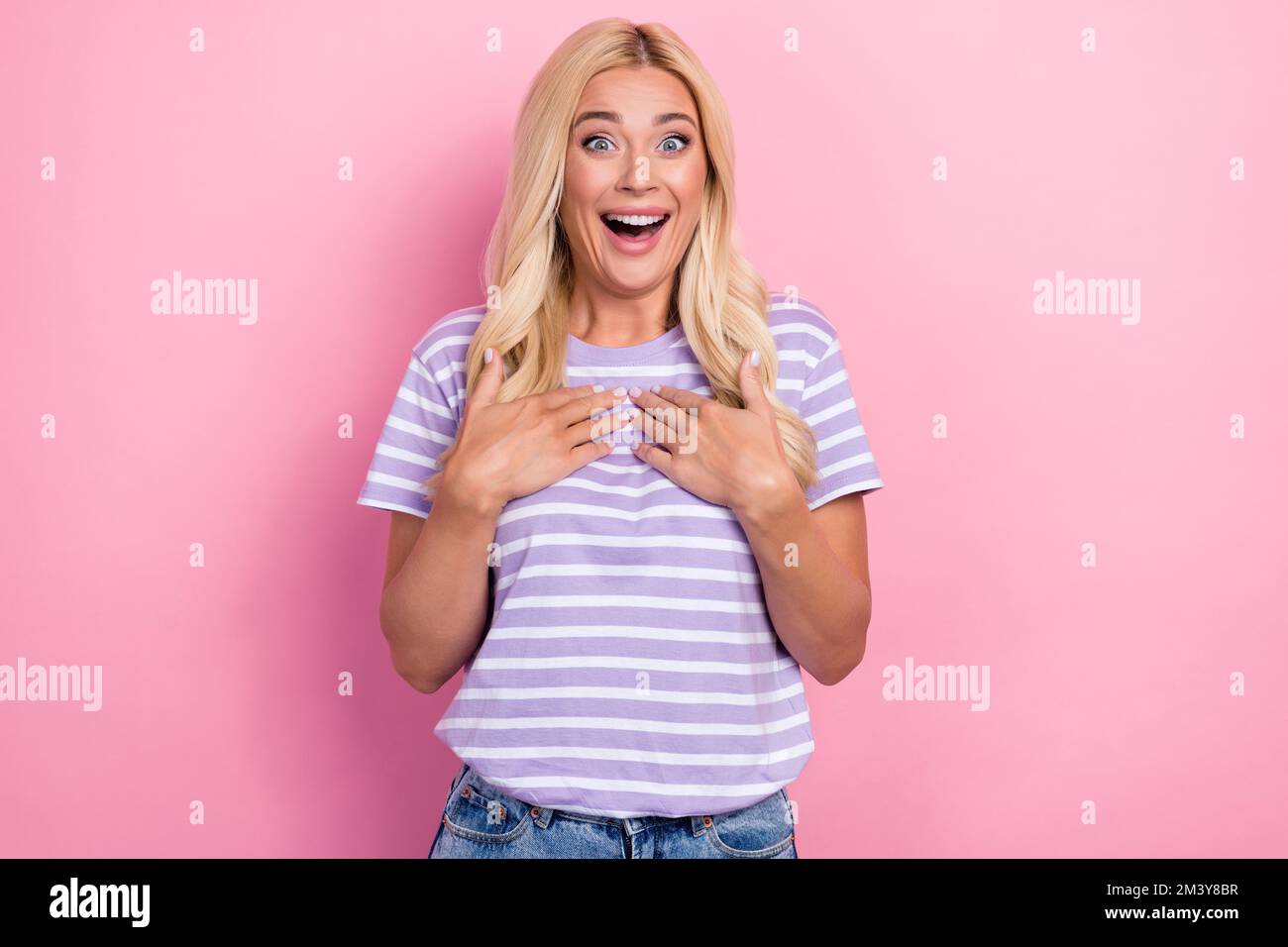 Photo of astonished glad lady arm pointing chest herself impressed win ...