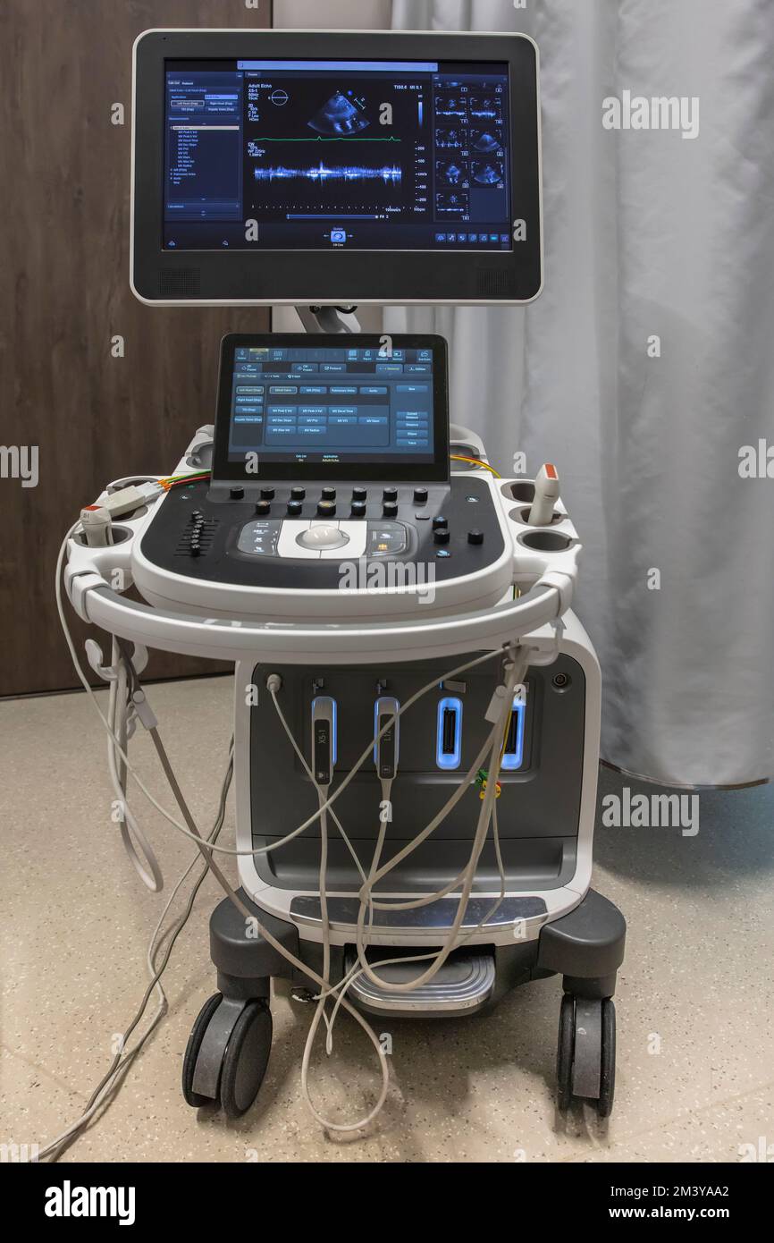 Medical equipment background, close-up ultrasound machine. Ultrasonic ...