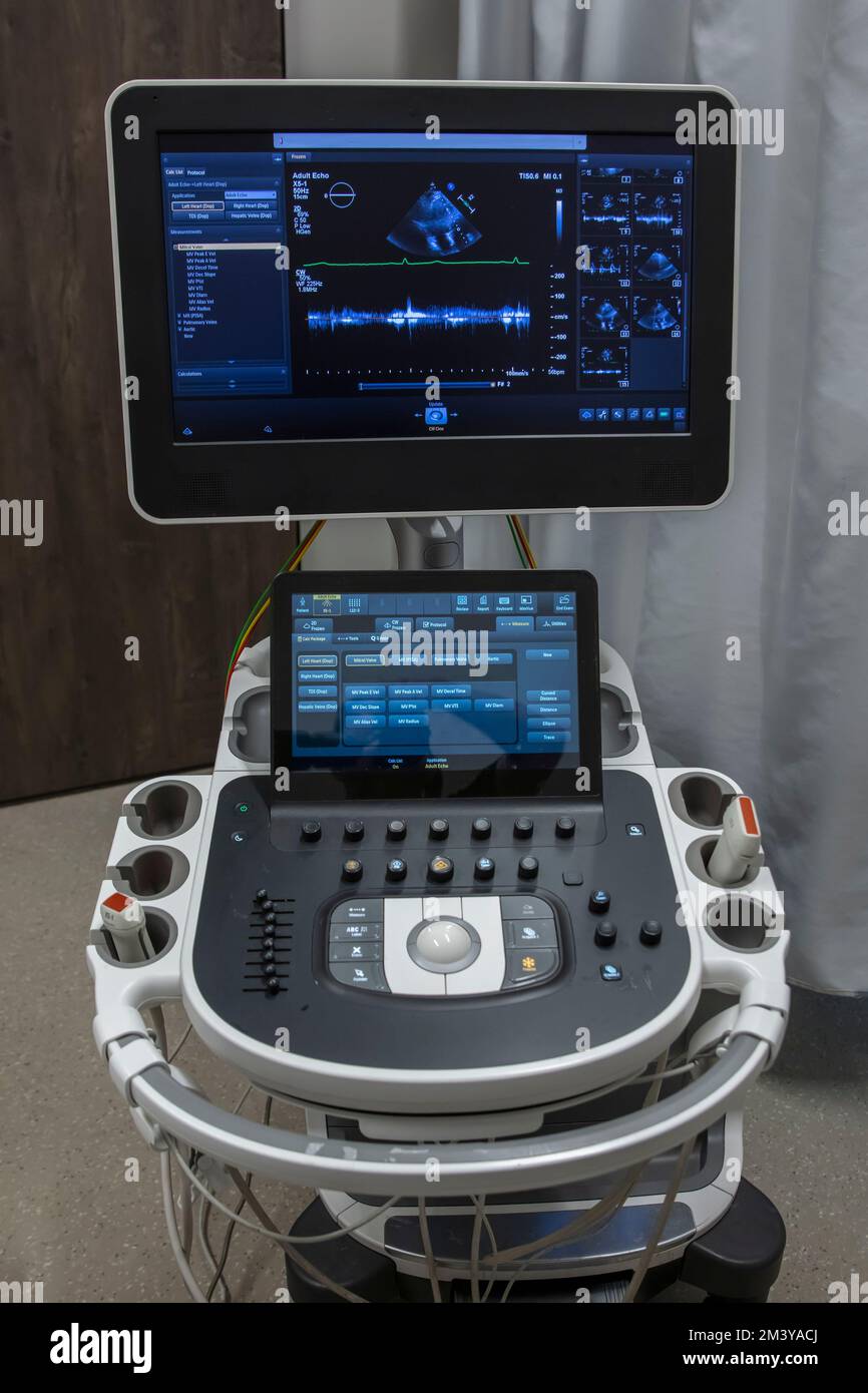 Medical equipment background, close-up ultrasound machine. Ultrasonic ...