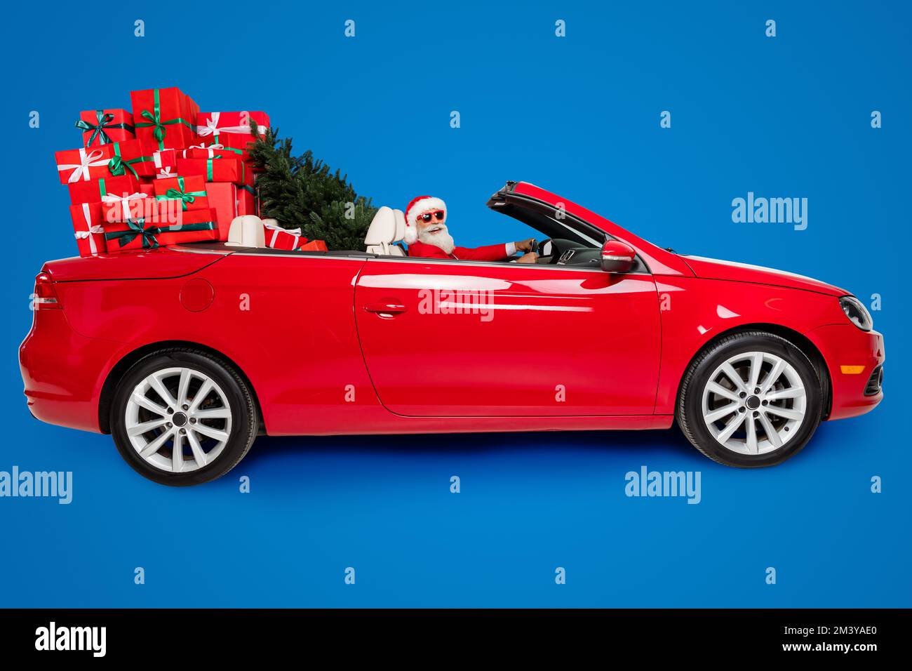 Photo of funky good mood santa claus wear costume riding red transport ...