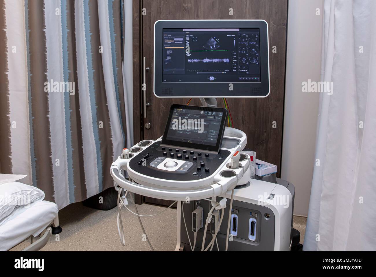 Medical equipment background, close-up ultrasound machine. Ultrasonic ...