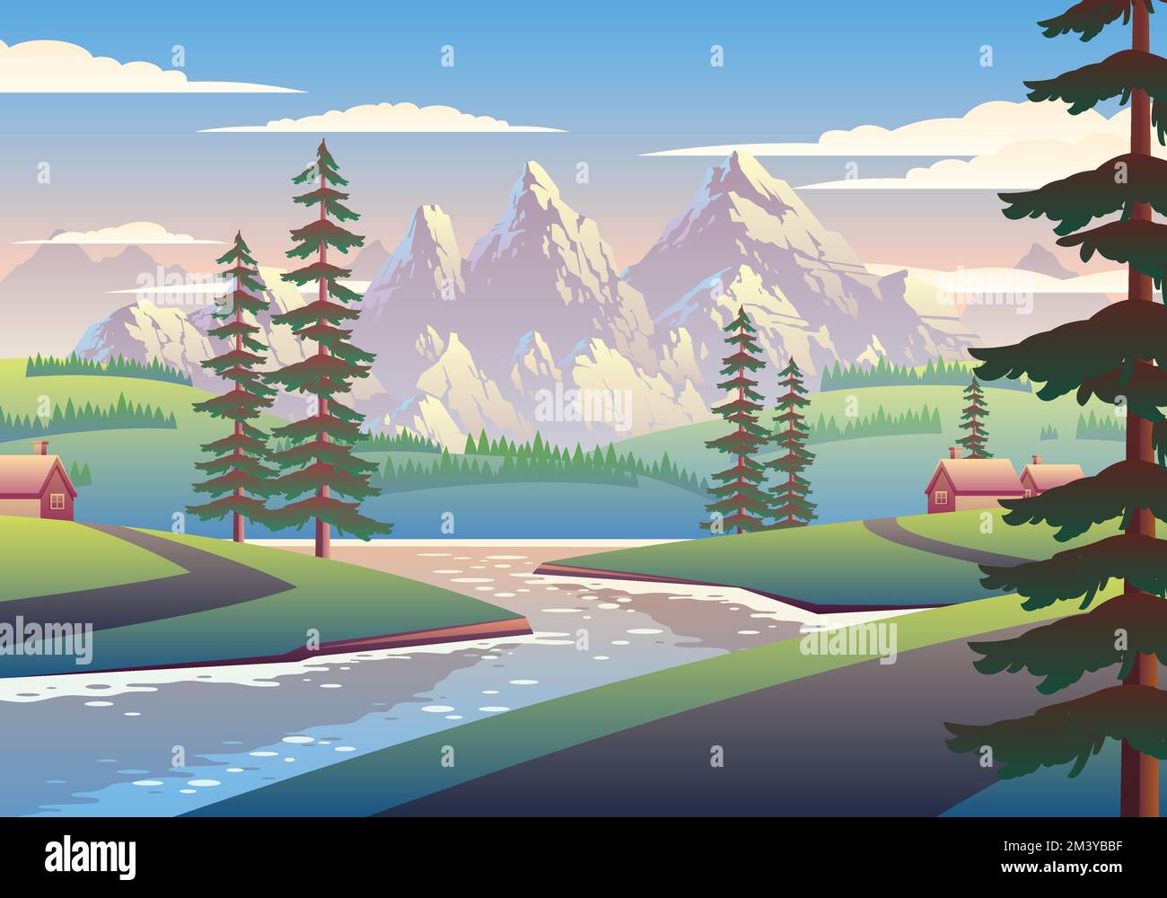 A simple digital artwork of a village and mountains landscapes Stock ...