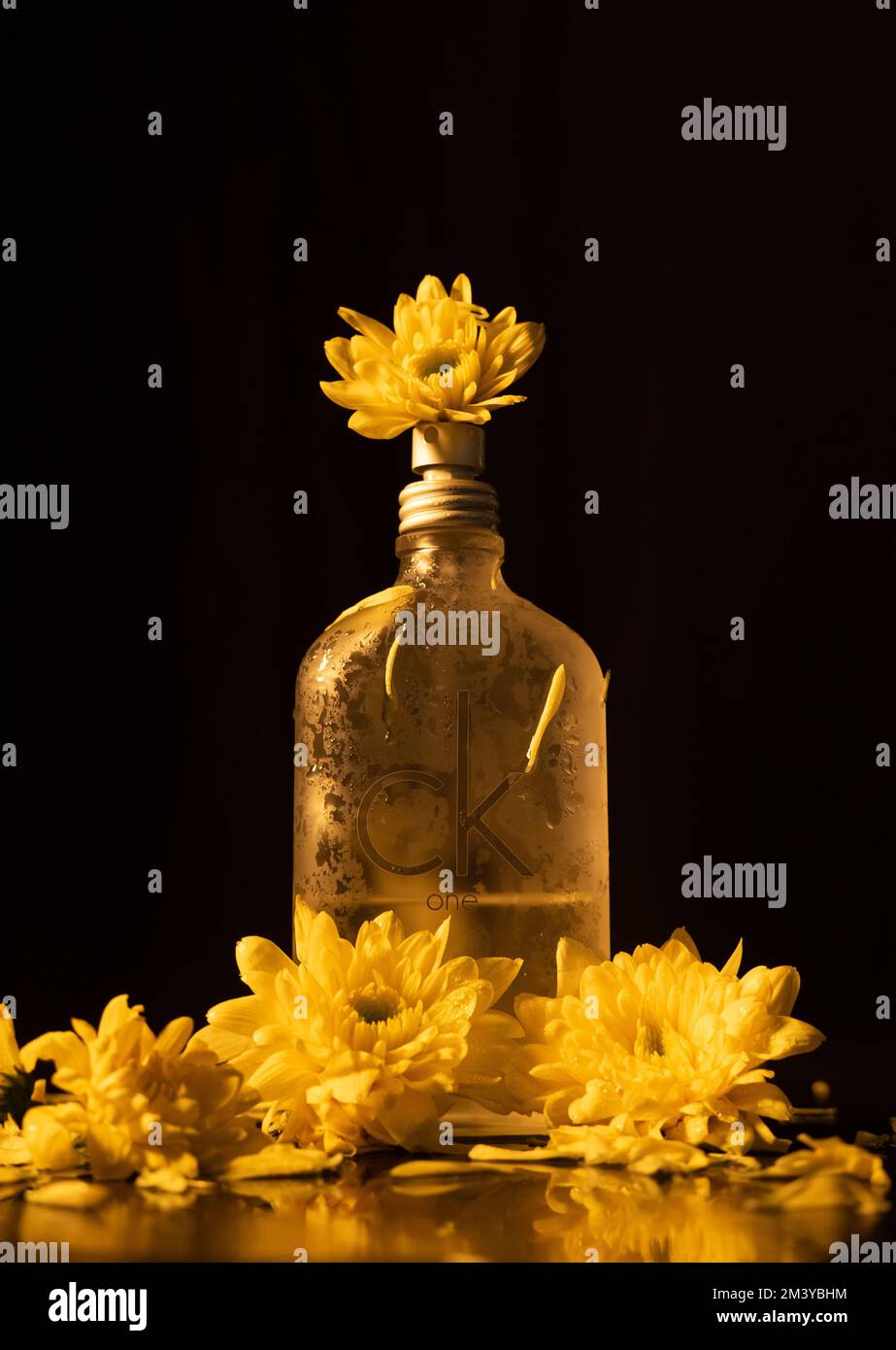 A vertical shot of the Calvin Klein One perfume with flower decorations ...