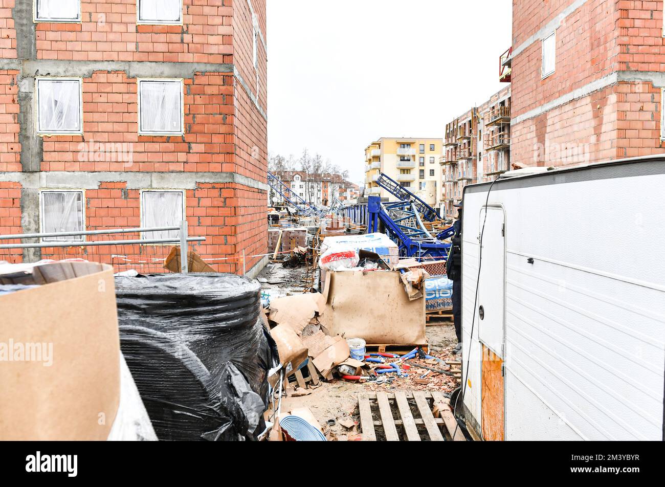 Broken crane seen at the scene of the accident. The tragic accident ...
