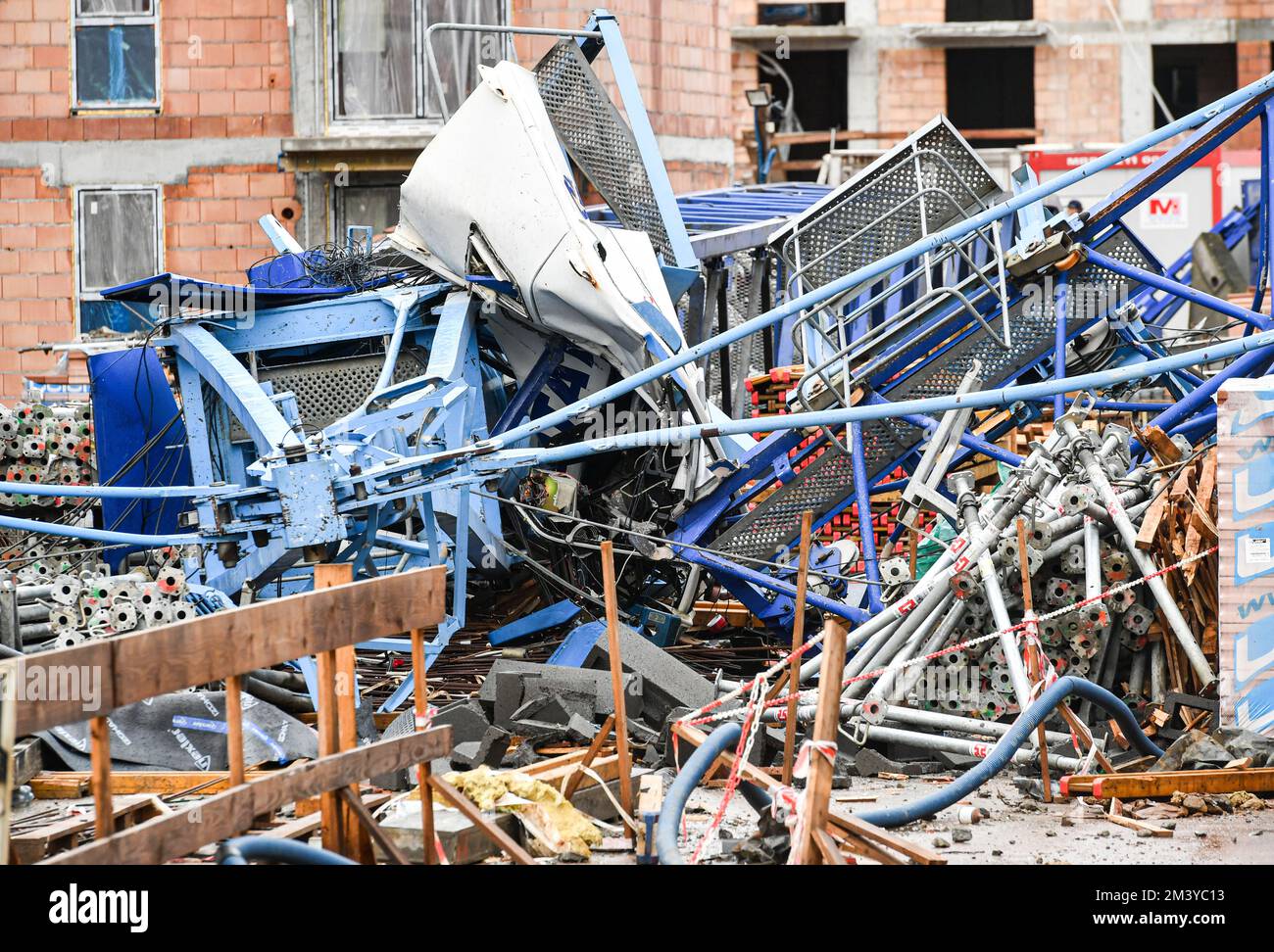 Broken crane seen at the scene of the accident. The tragic accident ...