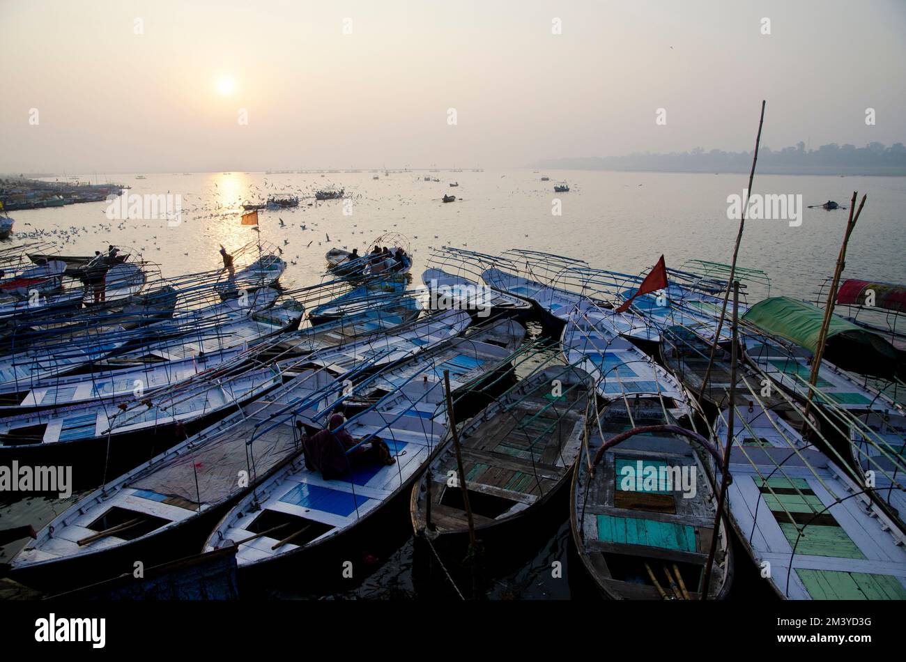 Boats waiting for pilgrims at Sangam, the confluence of the holy rivers ...