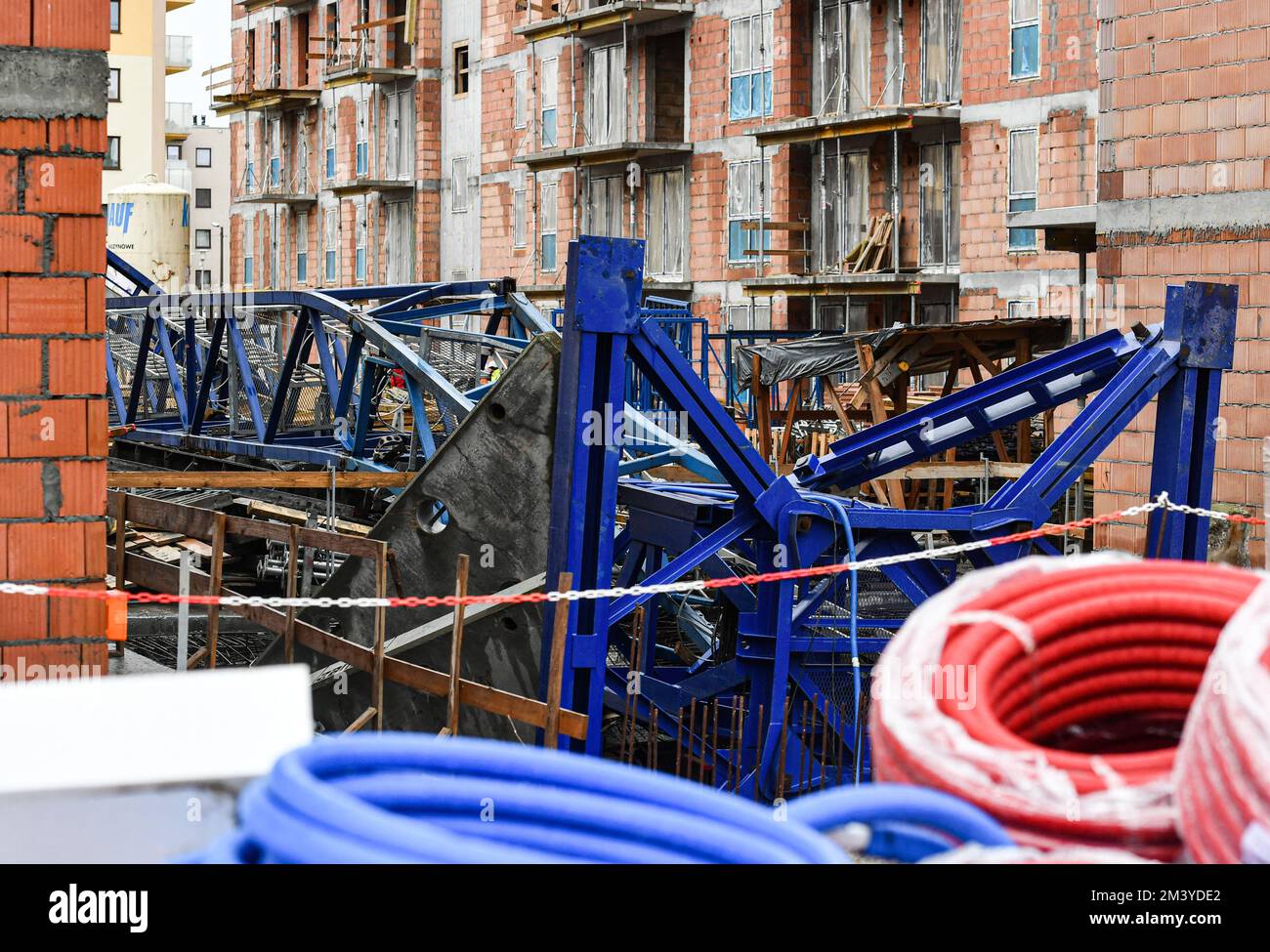 Krakow, Poland. 17th Feb, 2022. Broken crane seen at the scene of the ...