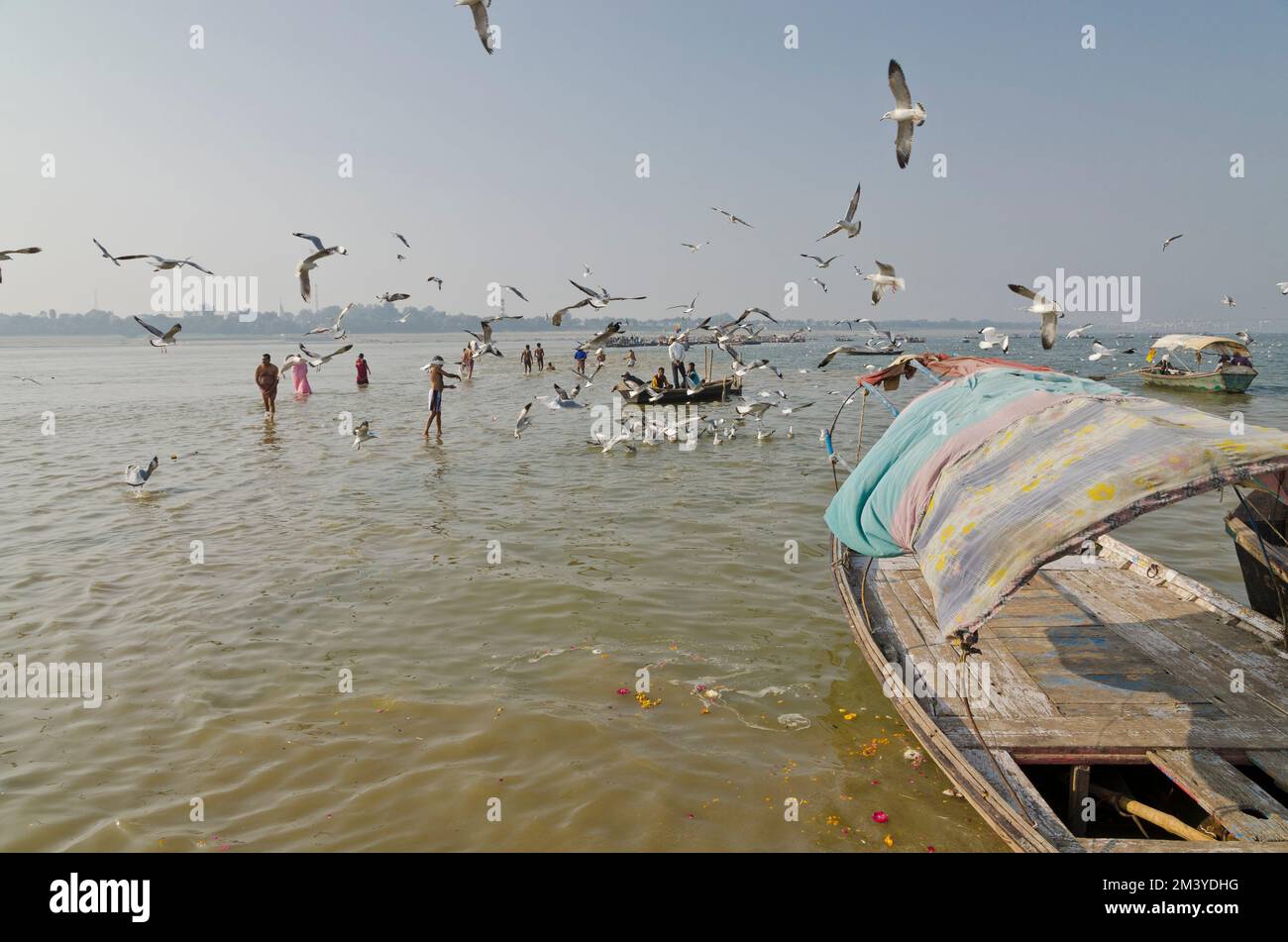 Pilgrims standing in the water at Sangam, the confluence of the holy ...