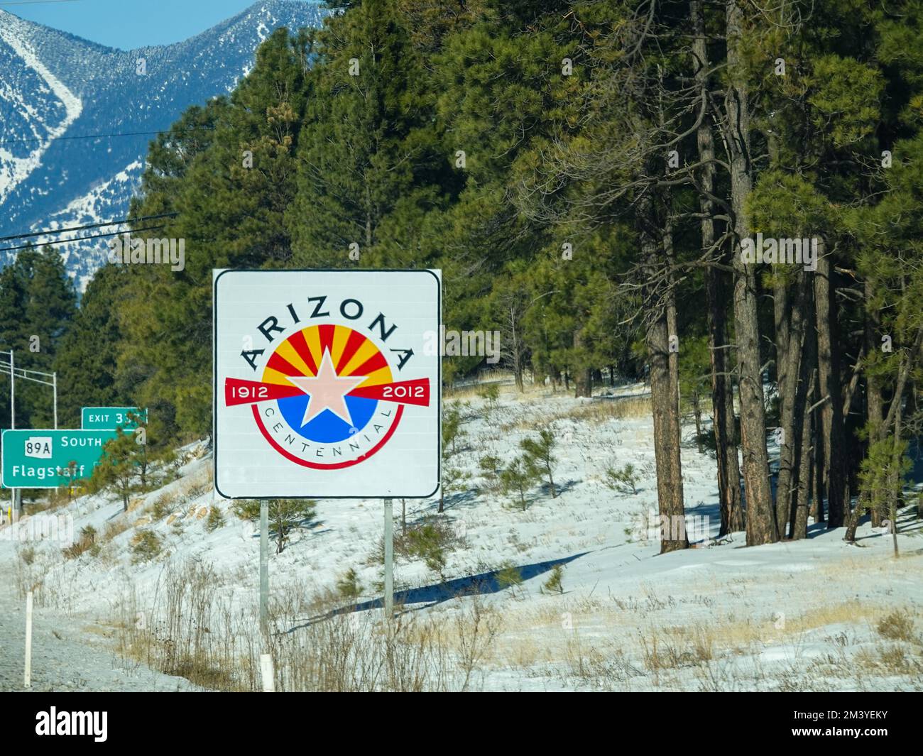 Arizona Centennial, 1912-2012, sign on I-17, just south of Flagstaff on ...