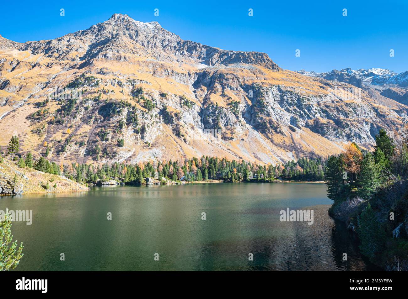 Lake Cavloc (Lägh da Cavloc) in October. A lake near Maloja Pass in the ...