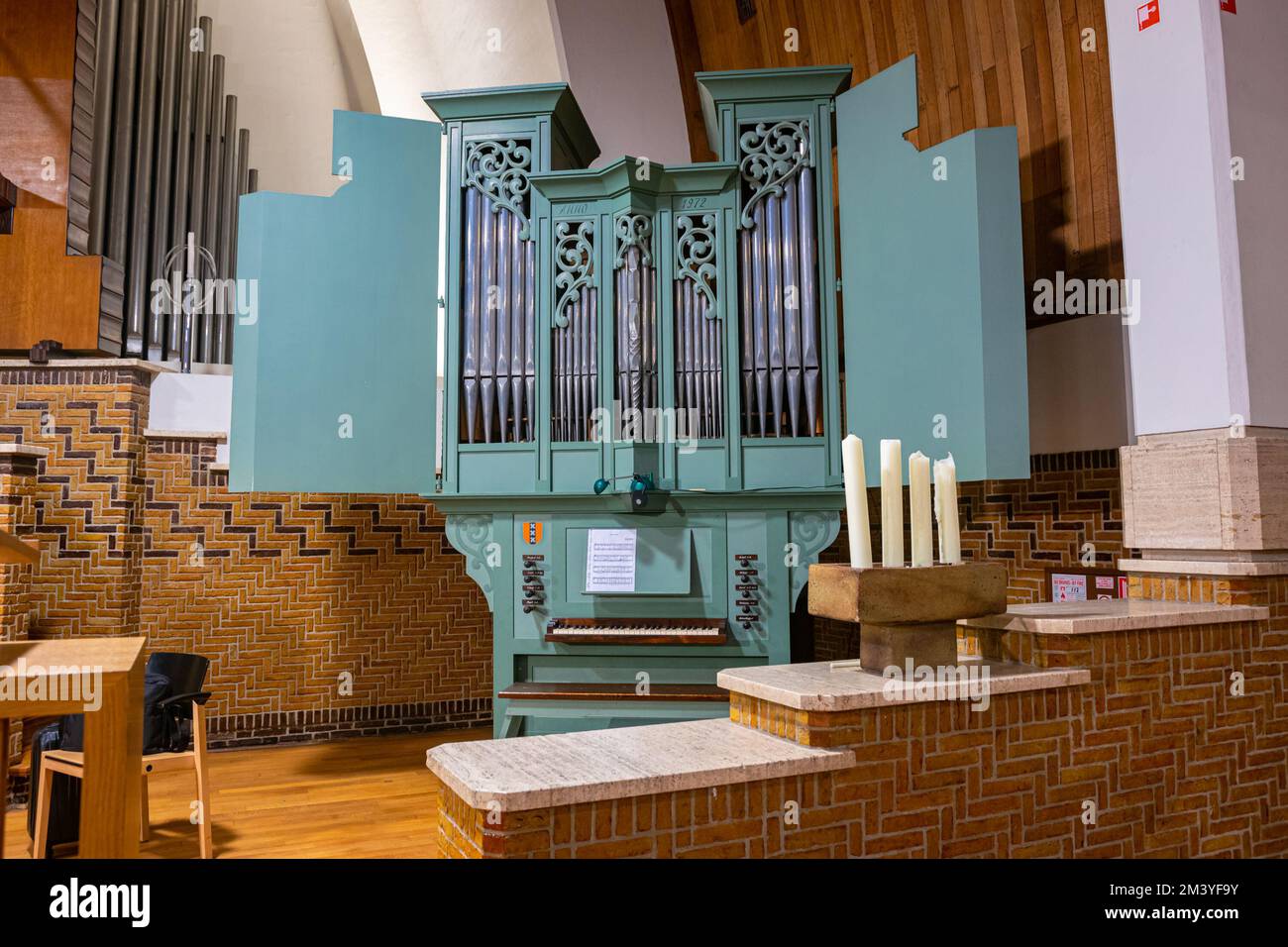 Green colored organ in the Vrijburg church in Amsterdam-south, The ...