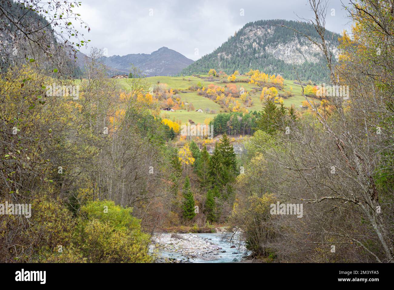 Beautiful scenery of a mountain stream and trees in fall colours on the ...