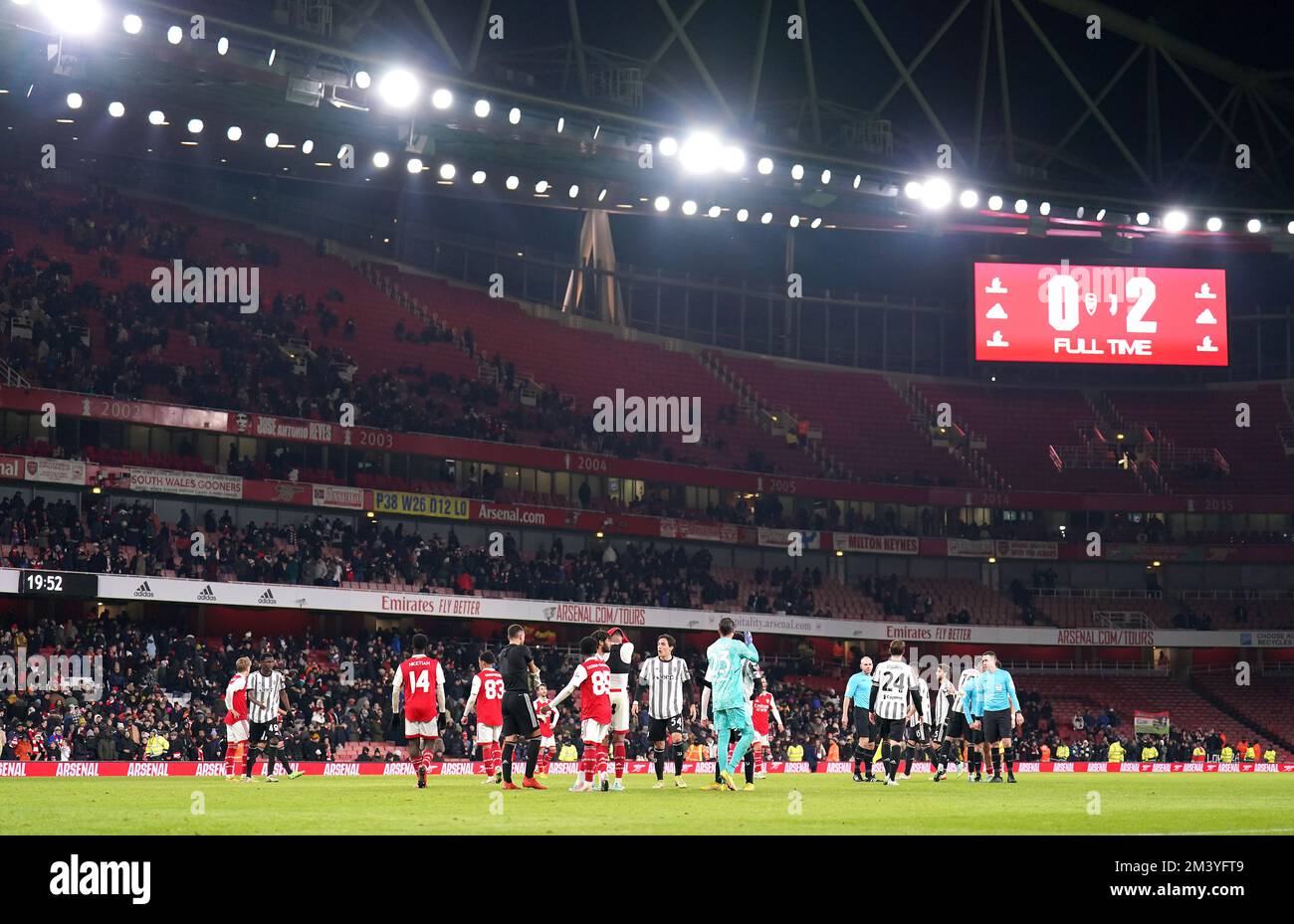 General view of the final score on the large television screen after ...