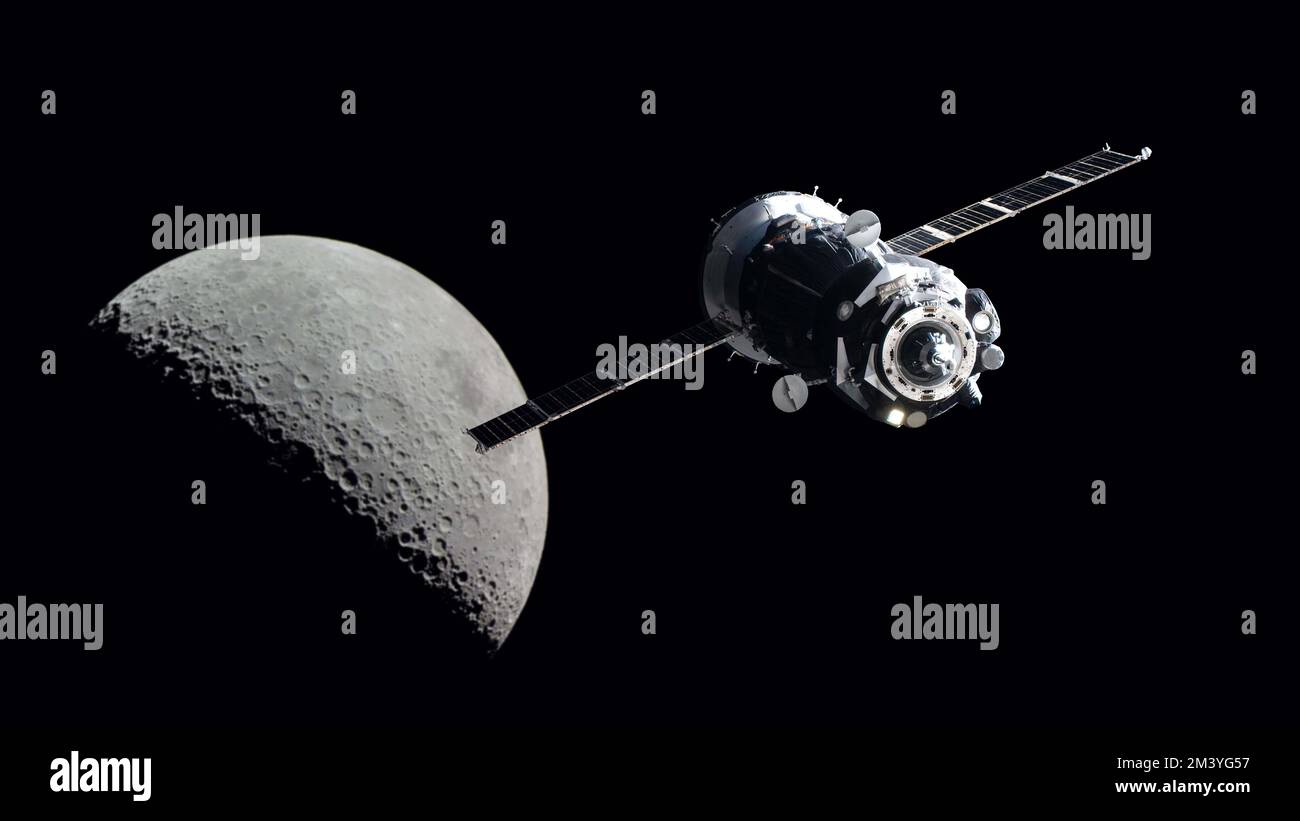 Manned spacecraft "Soyuz MS-21" on approach to the surface of the moon ...