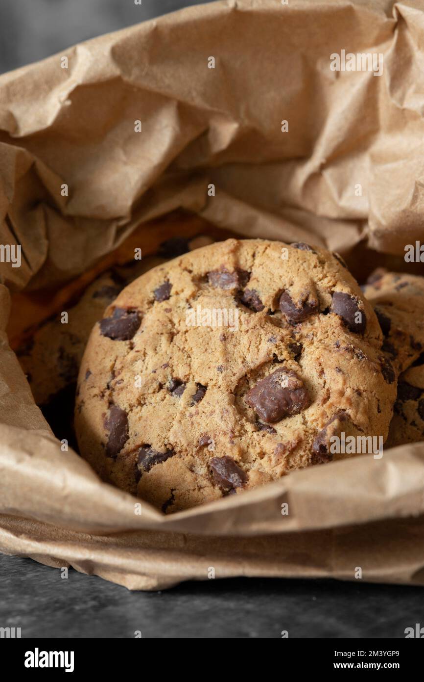 Chocolate chip cookies in a brown paper bag. Eco friendly recycling ...